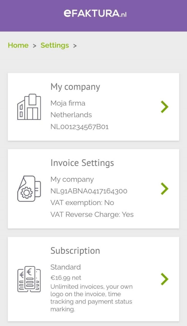 The new settings look - eFaktura.nl