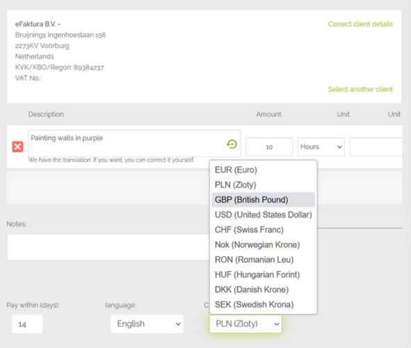Issuing invoices in foreign currencies - eFaktura.nl